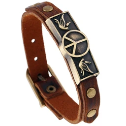 Buy Retro Punk Peace Symbol Bracelet - Handmade Adjustable Faux Cowhide ...