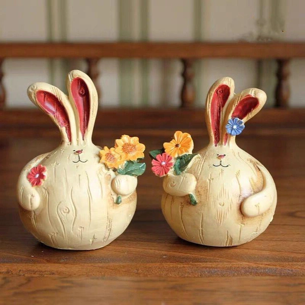 A PAIR Wood-like Resin Fat Rabbit Ornaments Retro Cute Bunny Craft ...