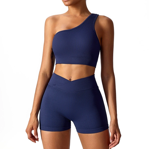 Solid-Color Sloping Shoulder Bra Shorts Set Elastic Fast Sweat ...