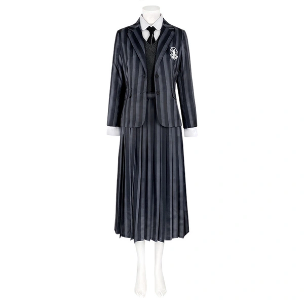 Wednesday Gray Striped Design Skirt School Uniform Long Sleeve Cosplay ...