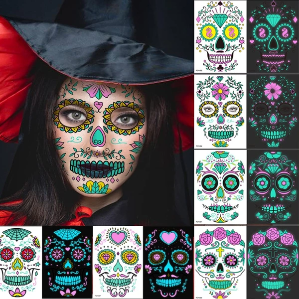 Guo Halloween Temporary Face Tattoos 6 sheets Luminous Day of the Dead ...
