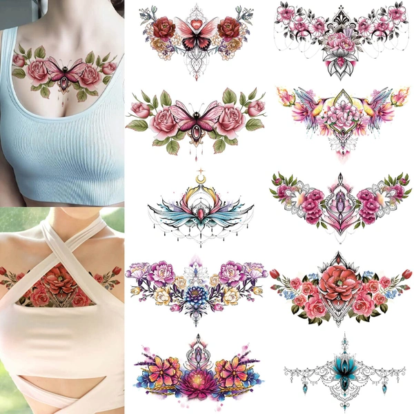 Guo Chest Underboob Temporary Tattoo for Women, 10-Pack Large Floral ...