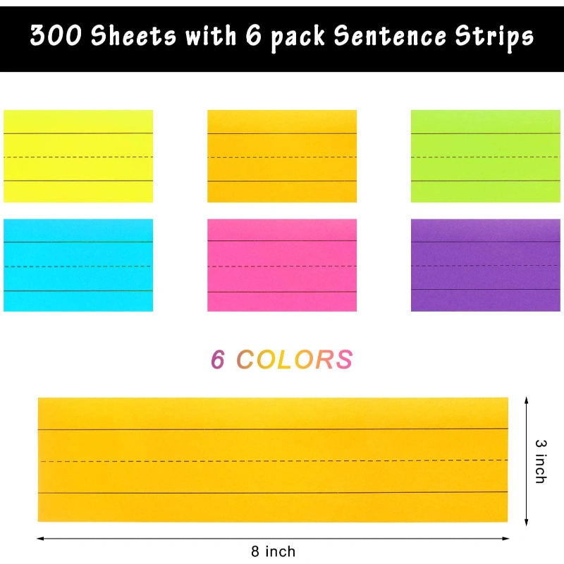 300 Sheets Sentence Strips Rainbow Ruled Word Strips, 3 X 8 Inch, 6 ...