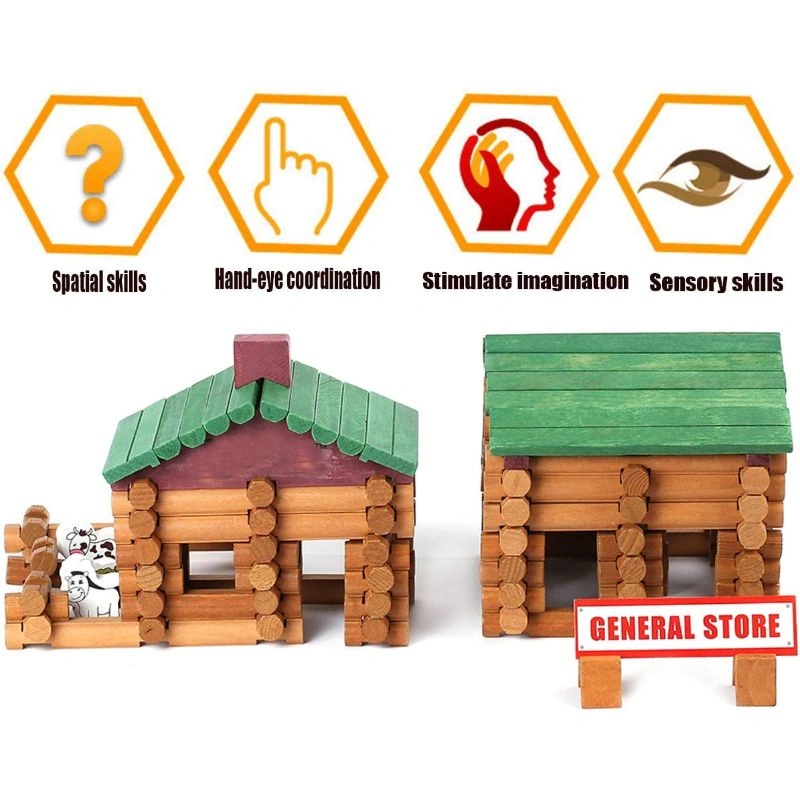Classic Wooden Building Log Toy, 170 Pieces Cabin Logs Set for Kids 3 ...