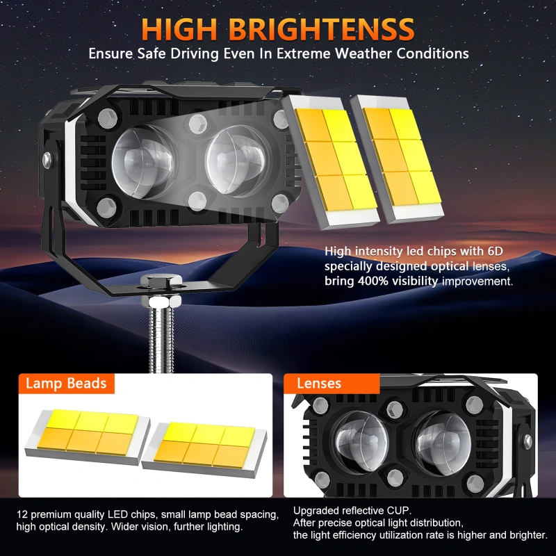 Motorcycle LED Driving Lights, 120W 12000LM 6000K/3500K Super Bright Yellow White Spotlights ...