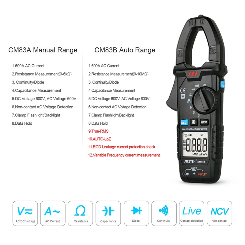 MESTEK Digital Clamp Meter 600A AC Current 600V AC/DC Voltage Capacitance Measurement Data Hold ...
