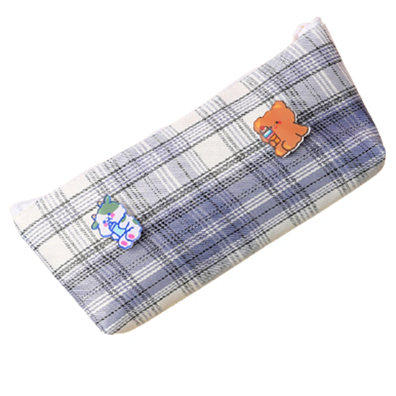 Zipper Pencil Case Pocket Canvas Check Pattern Handy Pen Holder Bag ...