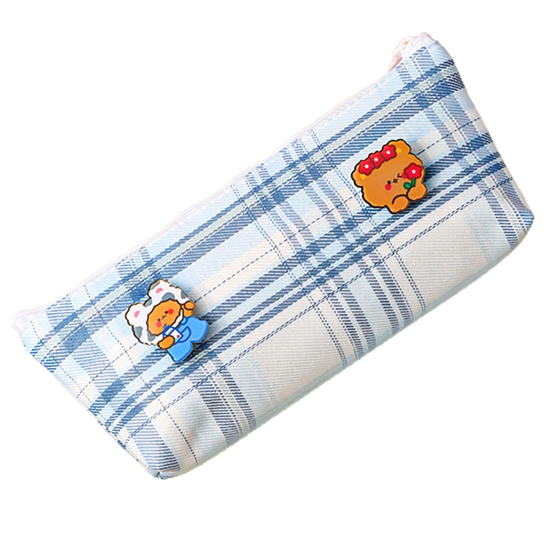 Zipper Pencil Case Pocket Canvas Check Pattern Handy Pen Holder Bag ...