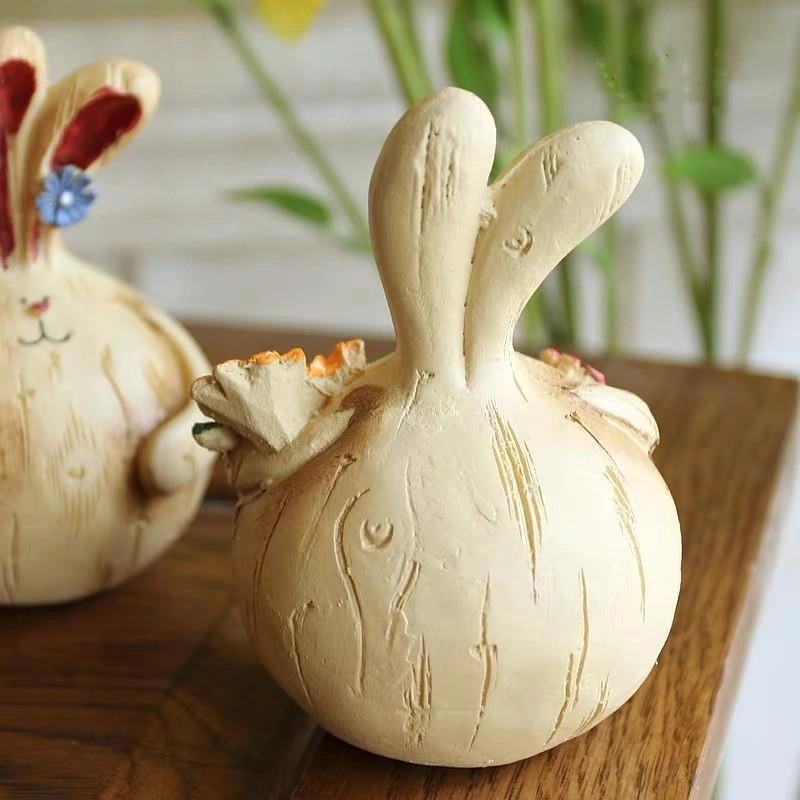 A PAIR Wood-like Resin Fat Rabbit Ornaments Retro Cute Bunny Craft ...