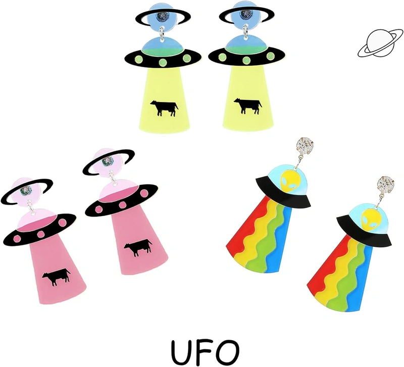 Guo Unique Cute UFO Spaceship Alien Acrylic Dangle Earrings Funny ...