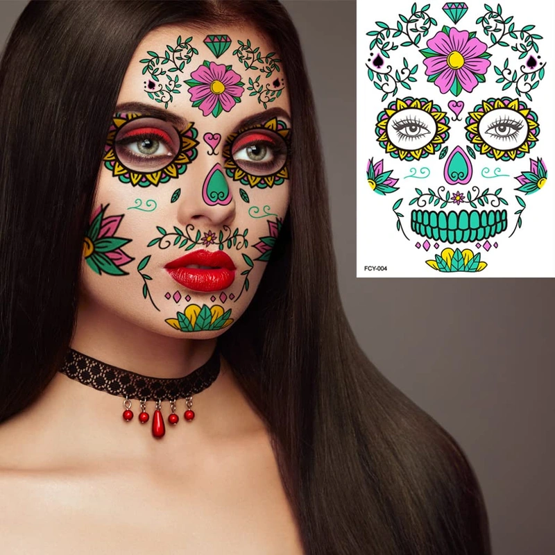 Guo Halloween Temporary Face Tattoos 6 sheets Luminous Day of the Dead ...