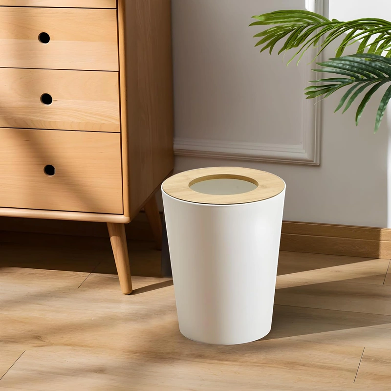 Guo 2 Pcs Bamboo Lid Trash Can- Plastic Round Trash Can For Bedroom ...