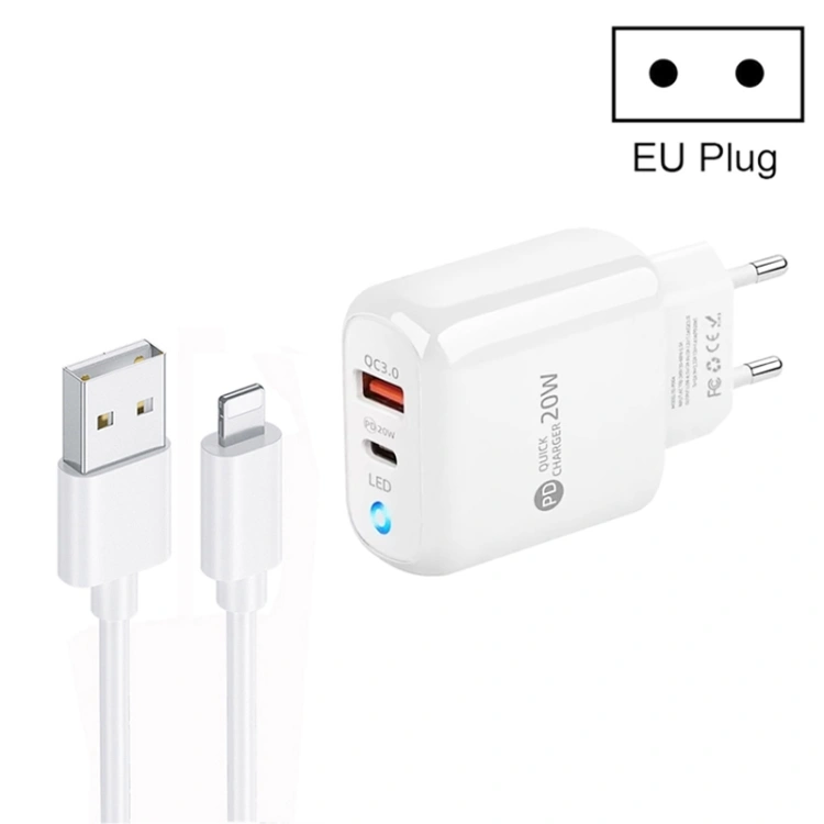 PD04 Type-C + USB Mobile Phone Charger with USB to 8 Pin Cable, EU Plug ...